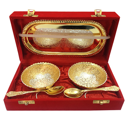 Gold Plated Bowl, Tray & Spoons Set in Red Velvet Gift Box #23869 ...