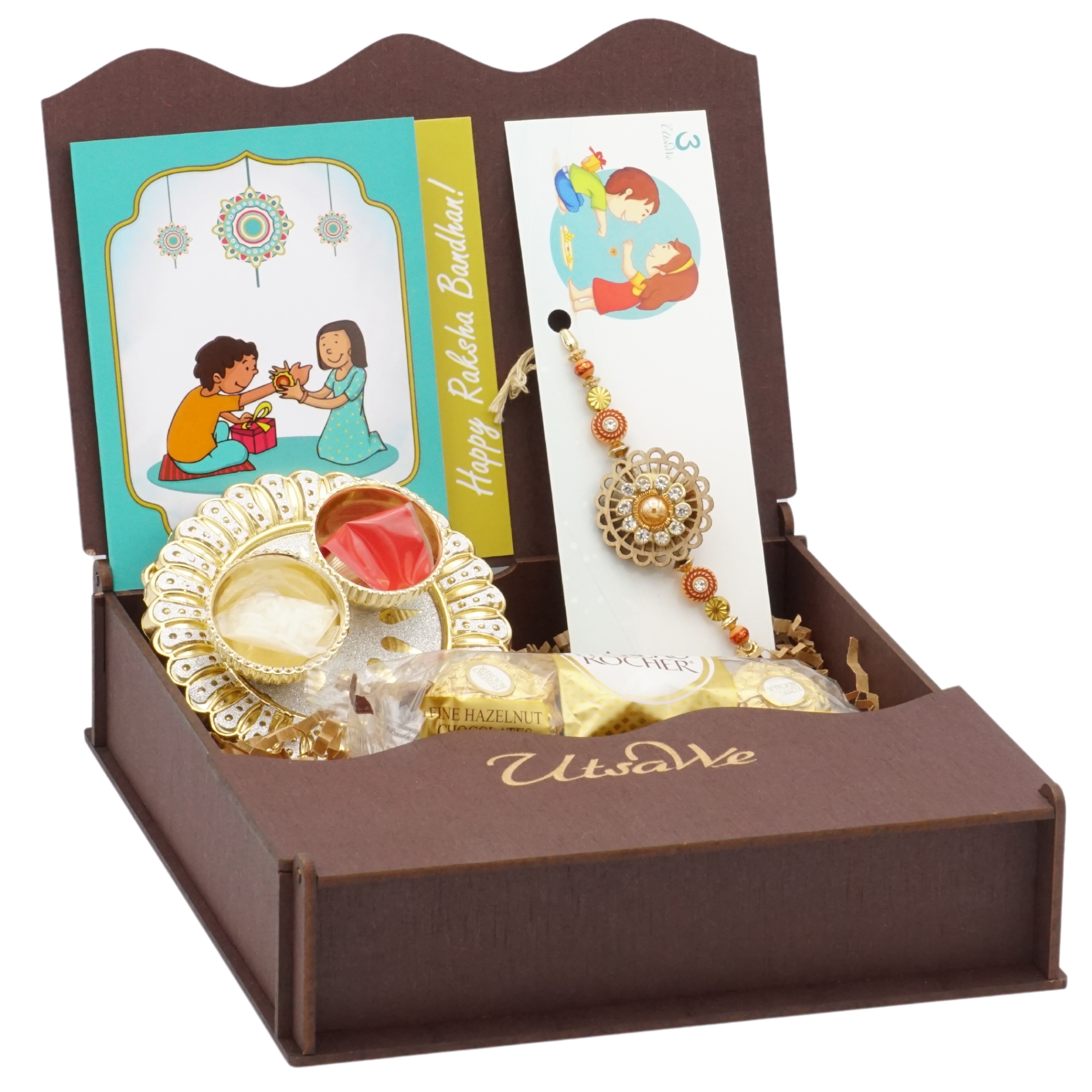 UtsaWe GIFT HAMPER-Personalized Crafted Wooden Rakhi Surrounded by ...