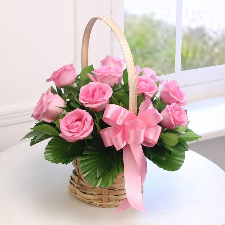 Round Basket of 10 Pink Roses Bouquet #31512 | DesiClik.com, USA