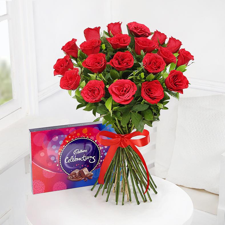 Bouquet of 20 Red Roses w/ Cadbury Celebrations Box #31555 | DesiClik ...