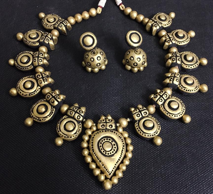 SowJy Grand Antique Golden Terracotta Short Haaram w Jhumkas Terracotta Jewelry