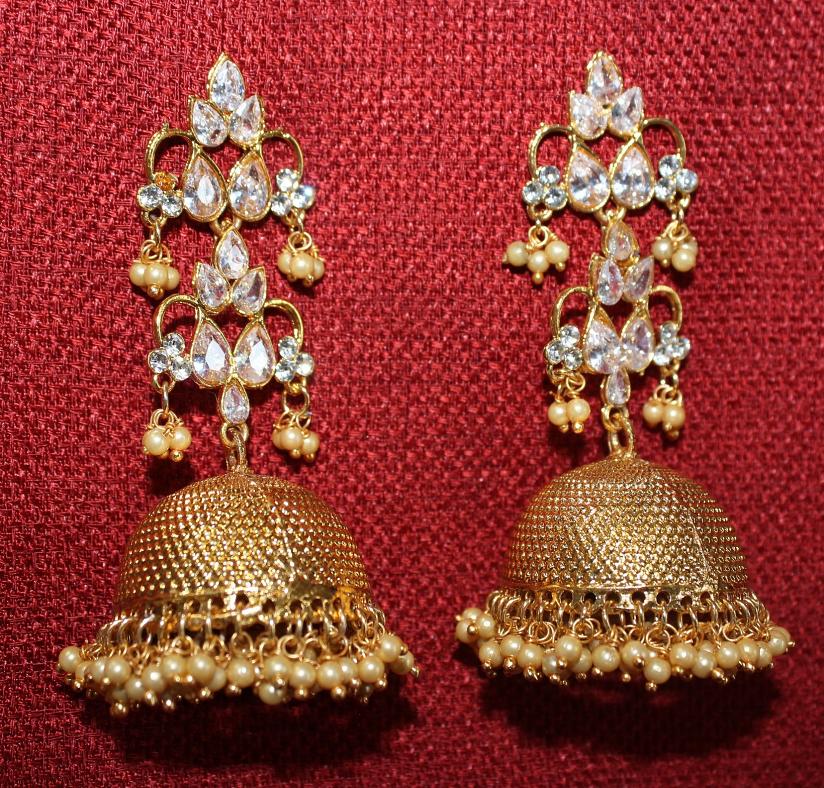 Stunning Design Gold Jhumka Earrings w/ Stone Work #30721 | DesiClik ...