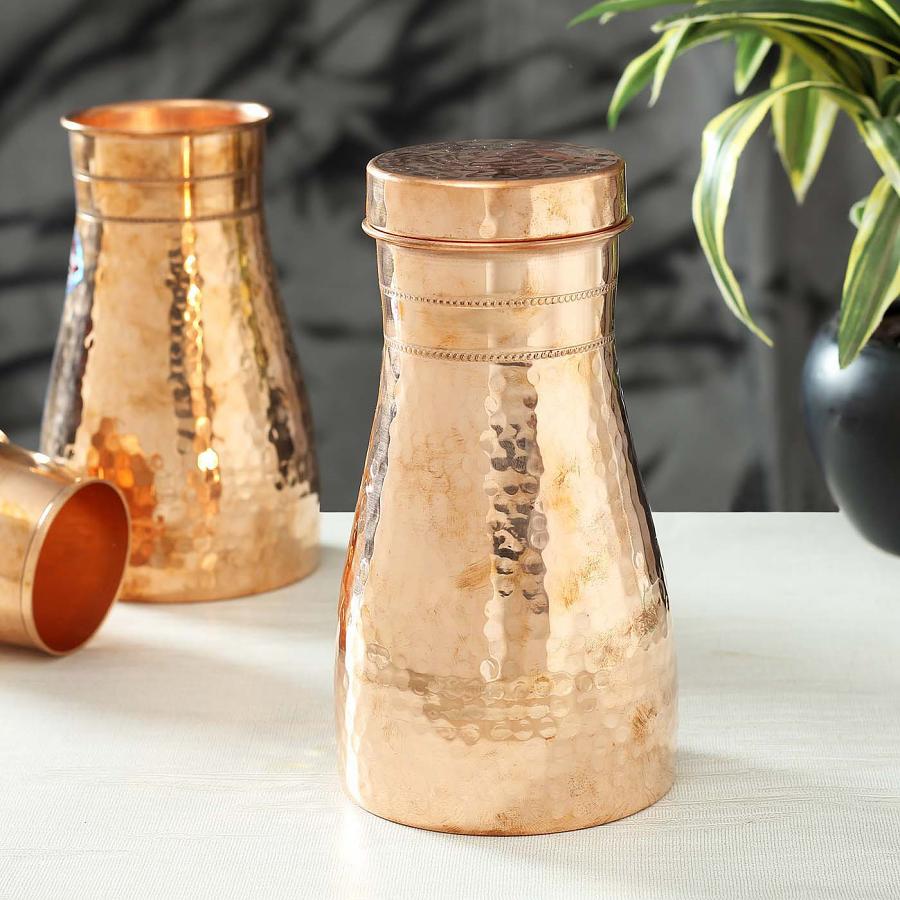 Copper Water Bottle & Lid with Thathera work #42495 | DesiClik.com, USA