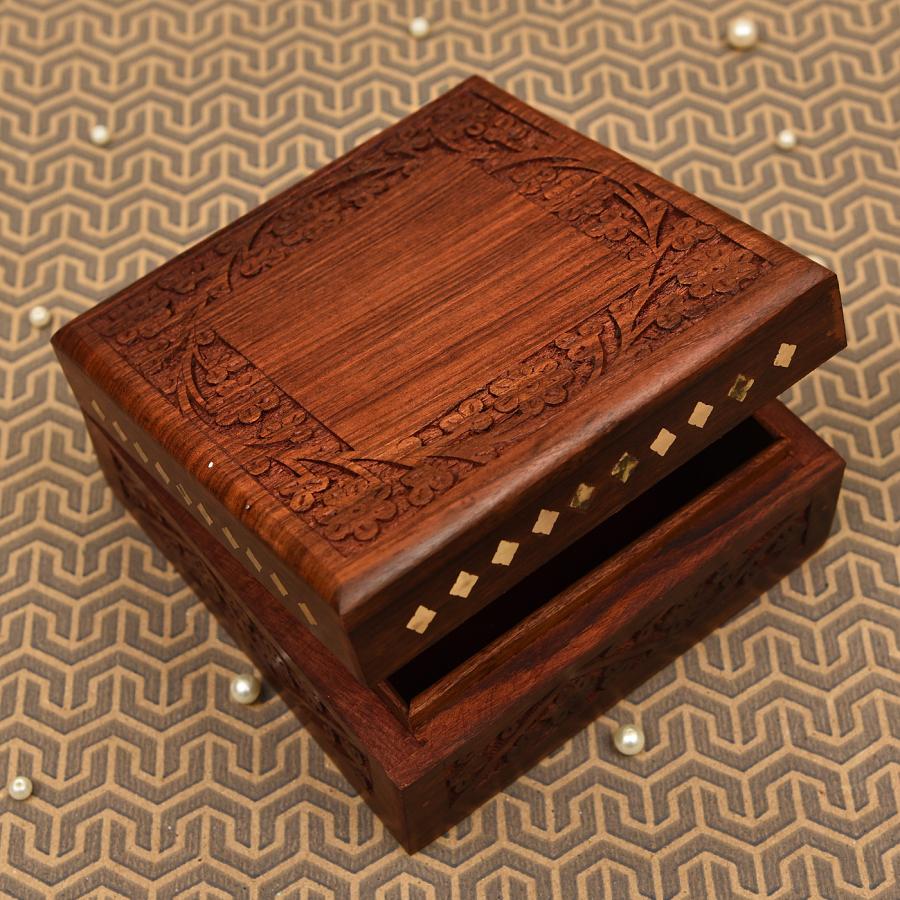 Square Shape Sheesham Wooden Jewelry Box 6" #42332 | DesiClik.com, USA