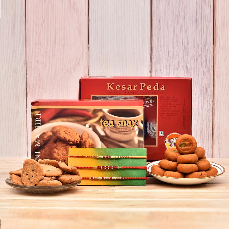 Send Rakhi Gift Hamper to India, 3 Rakhi w/ Kesar Peda & Mini Mathri ...