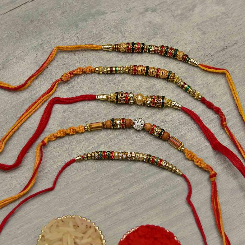 Multicolored Set of 5 Beaded Rakhis #34107 | Buy Online @ DesiClik.com, USA