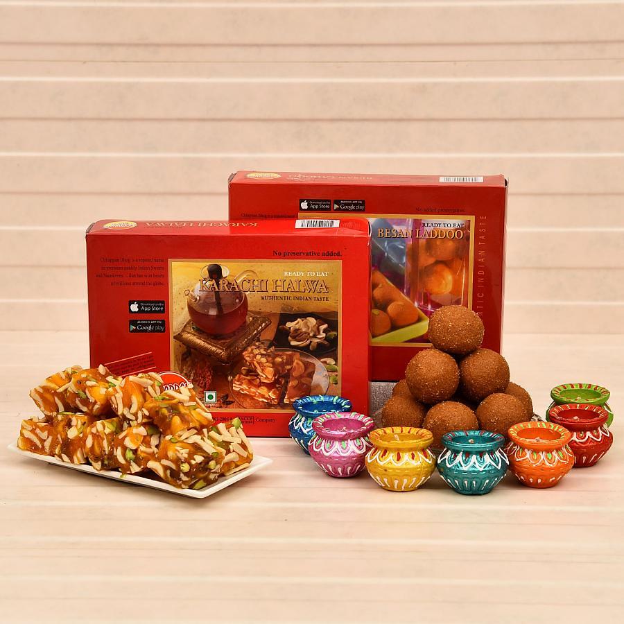 Seven Handpainted 8 Matka Diyas & 2 Sweets Diwali Hamper #39075 ...