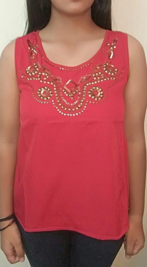 Red & Golden Sleeveless Embellished Top #36494 | DesiClik.com, USA