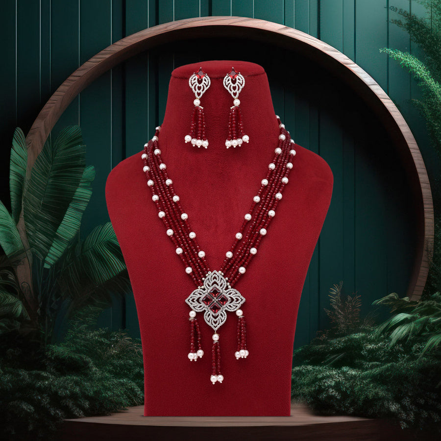Maroon Color American Diamond Premium Long Necklace Set #59213 ...