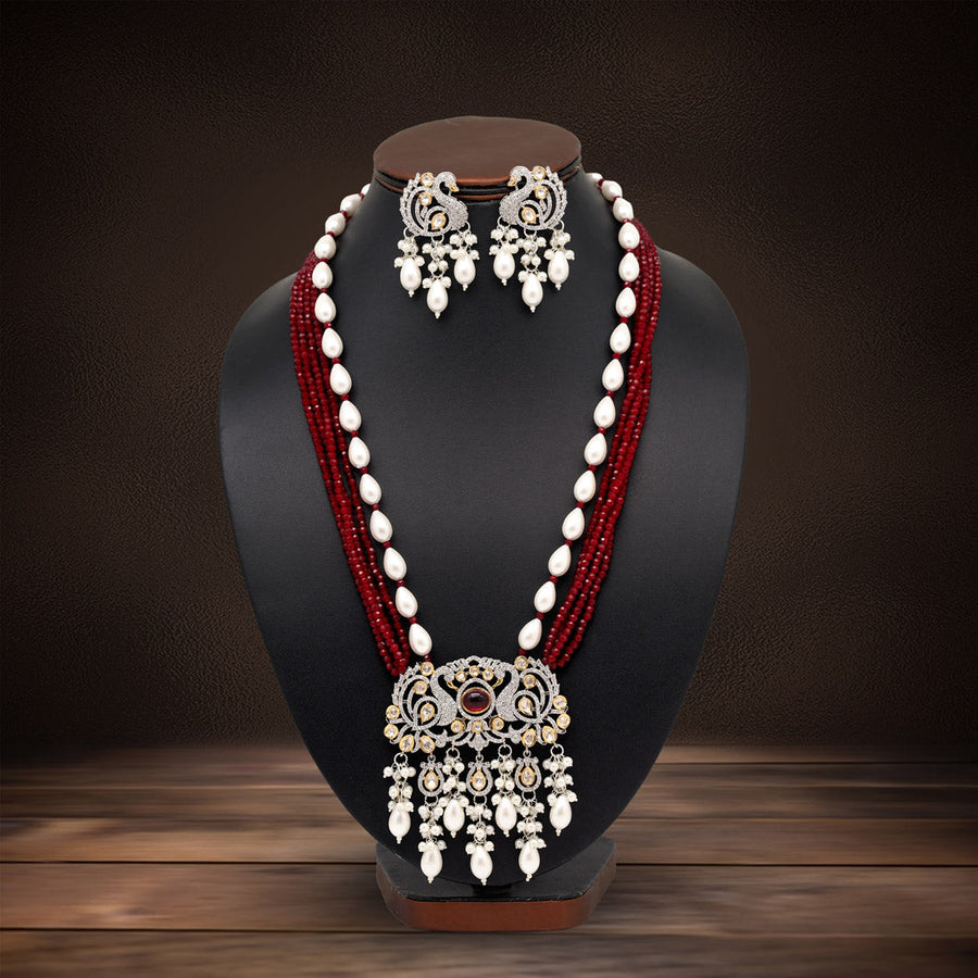 DesiClik Maroon Color American Diamond Premium Polki Necklace Set