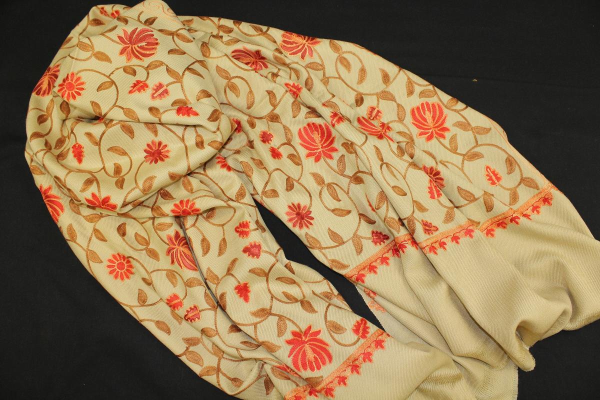 Cream Pashmina Shawl w/ Orange embroidery #44945 | DesiClik.com, USA