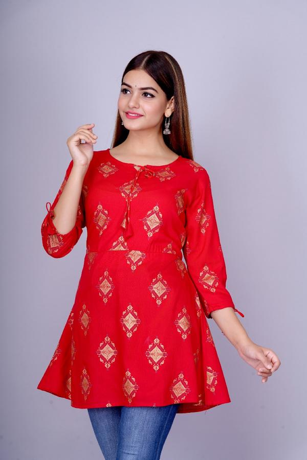 Red printed cotton Kurti (S / M / L ) #47918 | DesiClik.com, USA