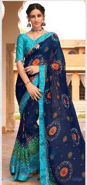 Georgette Sari Dark Blue printed #43460 | DesiClik.com, USA
