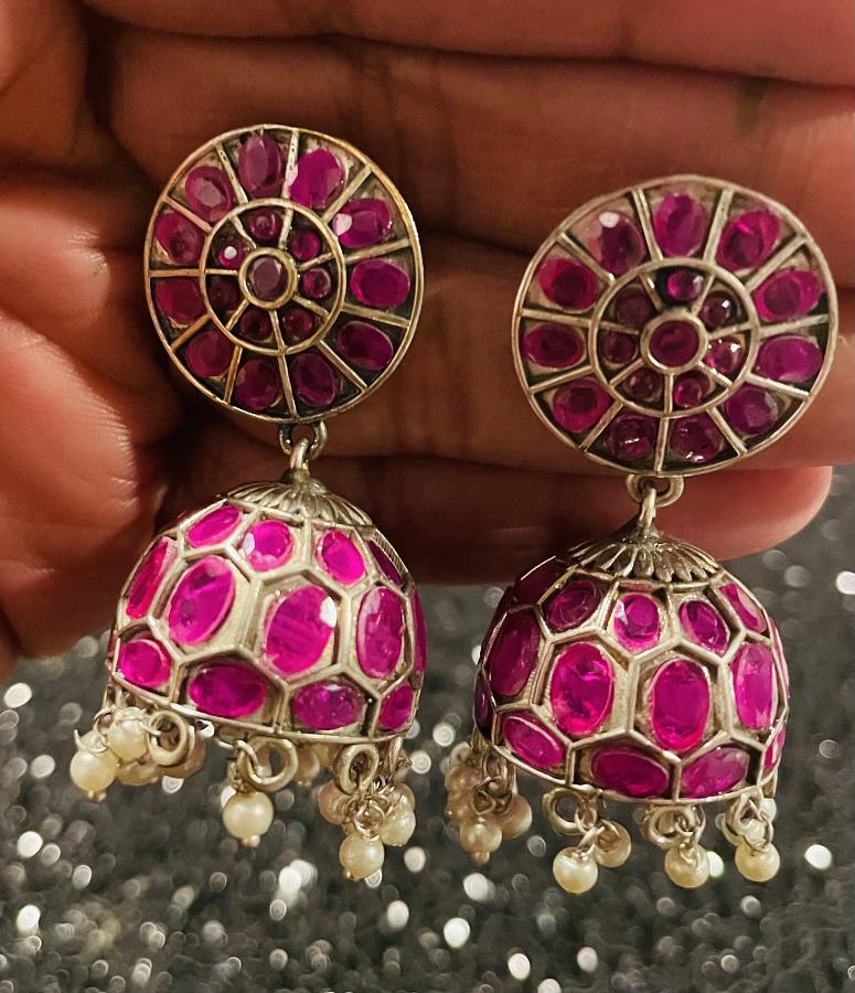 Pure Ruby German Silver Indian JHumka Earrings #53457 | DesiClik.com, USA