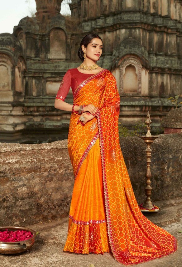 Red & Orange Fesitive & Colorful Crepe Saree w/ Blouse #37840 ...