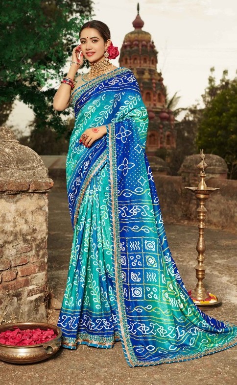 Beautiful Dark Light Blue Printed Crepe Saree w/ Blouse #37844 ...