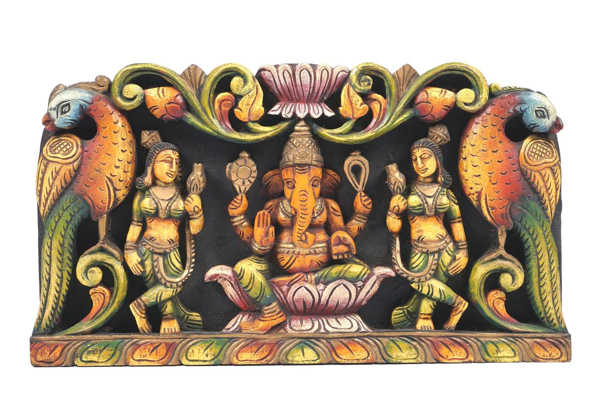 HAND CARVED ELEGANT VAAGAI WOOD GANESHA PANNEL #55287 | DesiClik.com, USA