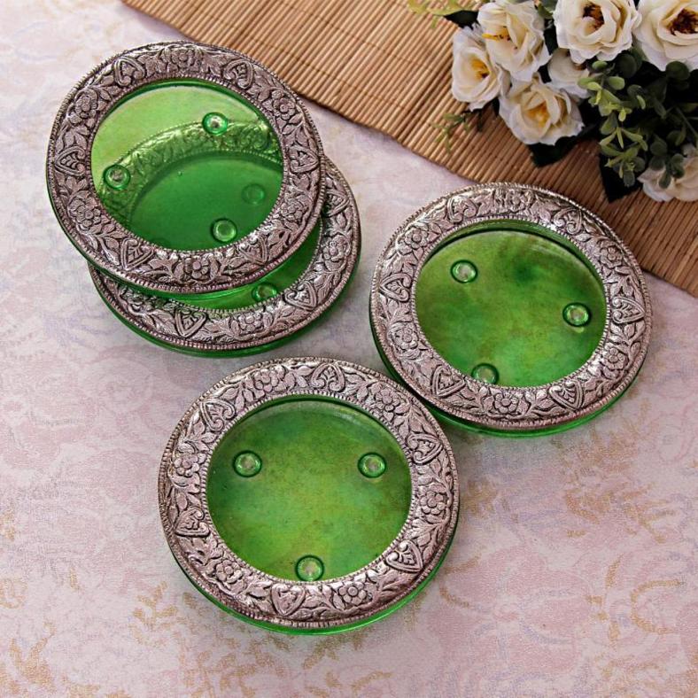 White Metal Traditional Design Coasters - 4 Pcs #29548 | DesiClik.com, USA