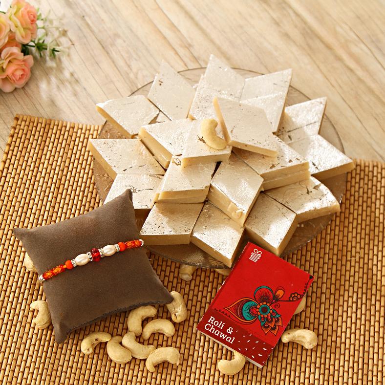 Beautiful Pearl Rakhi w/ Indian Mithai Kaju Katli #34350 | DesiClik.com ...