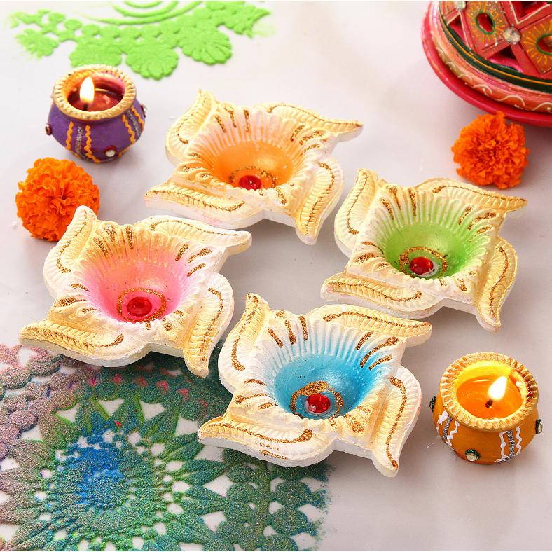 Set of 8 Hand Painted Clay Diyas #29255 | DesiClik.com, USA