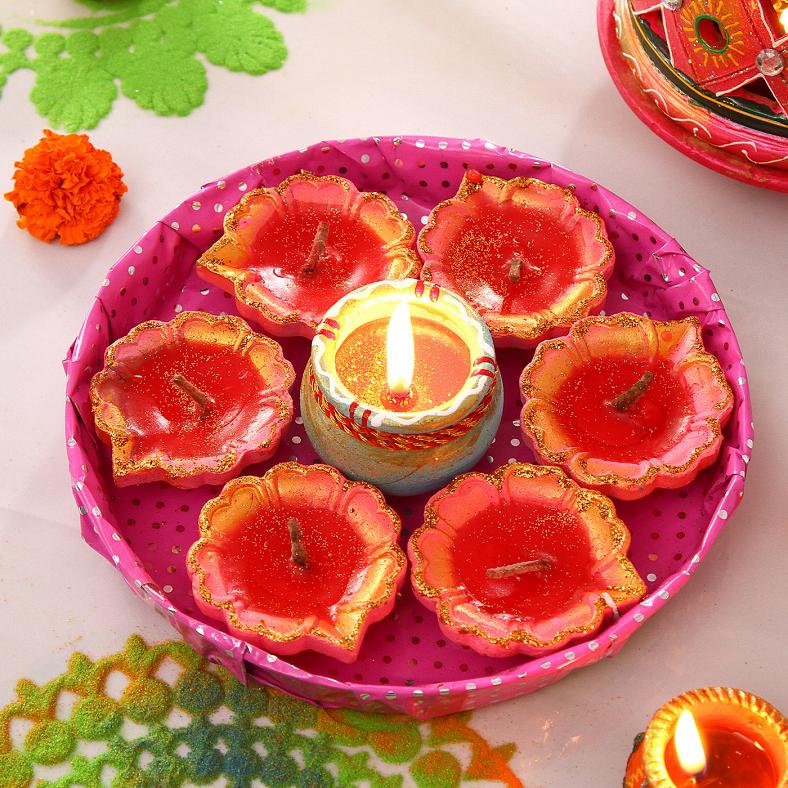 Fancy Tray of Painted Diwali Decor Clay Diyas #29257 | DesiClik.com, USA