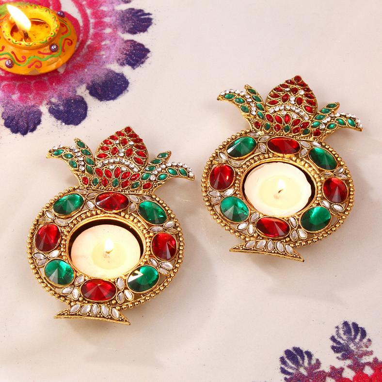 Set of 2 Beautiful Premium Stone Embellished Diya #29263 | DesiClik.com ...