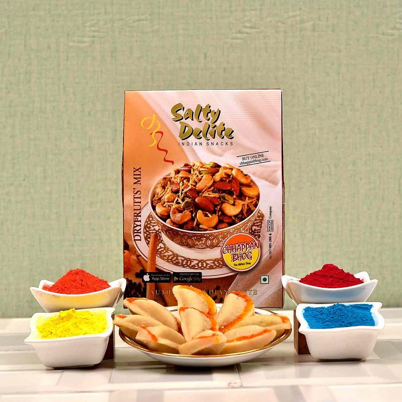 Tempting Holi Gift w/ Badaam Gujiya, Dryfruit Namkeen & Gulaal Packets ...