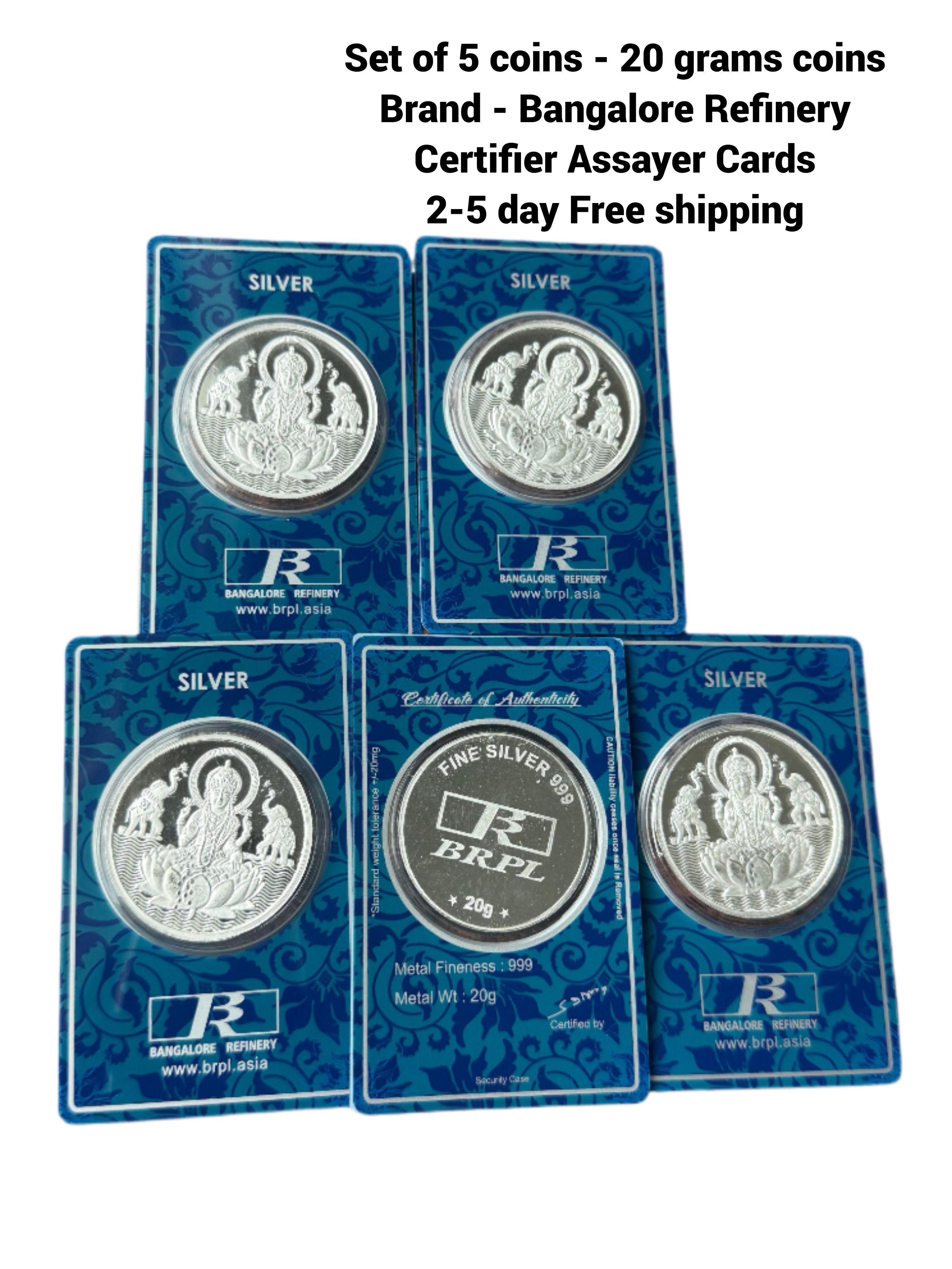 set of 5 - 20g 999 Pure Silver Indian Coins-Bangalore Refinery #61337 ...