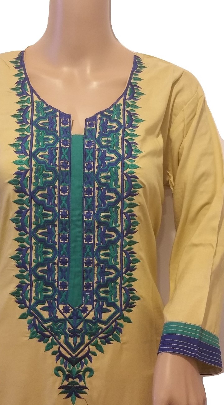Elegant Blue Phirozi Green Embroidery on Beige Rayon Kurti Tunic Size ...