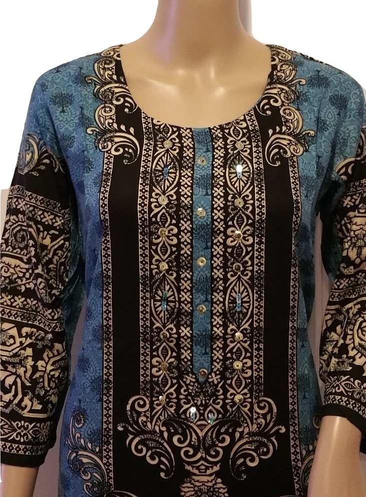 Spl Price Bright Blue Black Print Rayon Beaded Kurti Tunic- Size 40, 44 ...