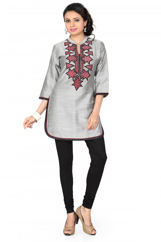 Bright Elegant Embroidery on Grey Raw Silk Kurti Tunic Size 46 #28893 ...
