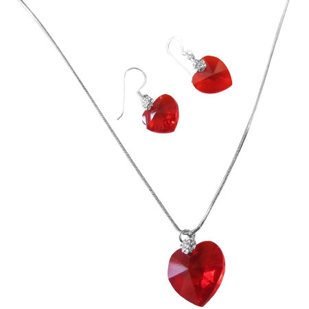 Lite Siam Red Crystals Xilion Heart Valentine Necklace Earrings Set