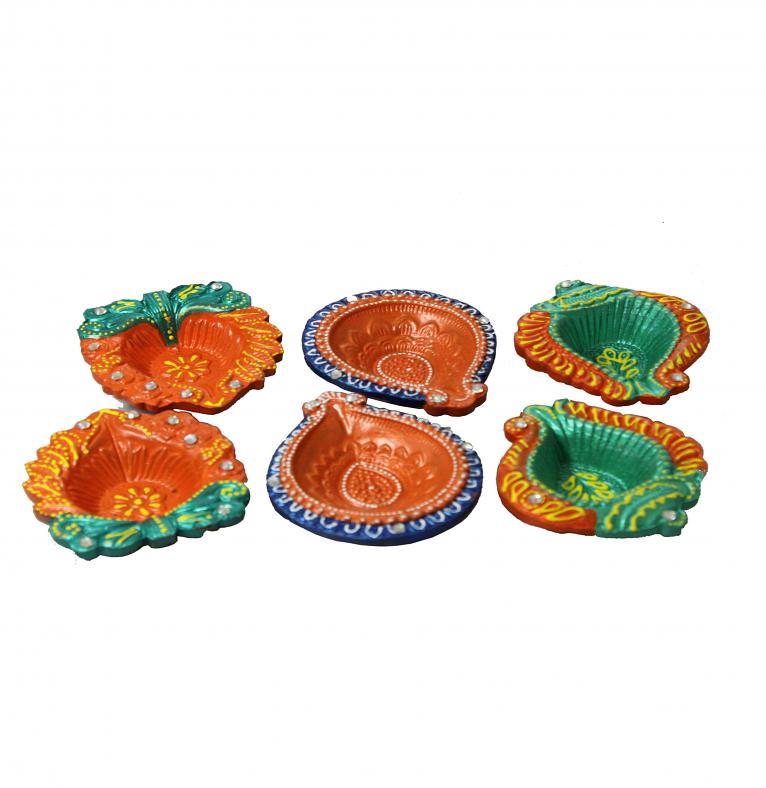 Fancy Clay Diyas, Hand Decorated Diwali Diya - 6 pcs #26112 | DesiClik ...