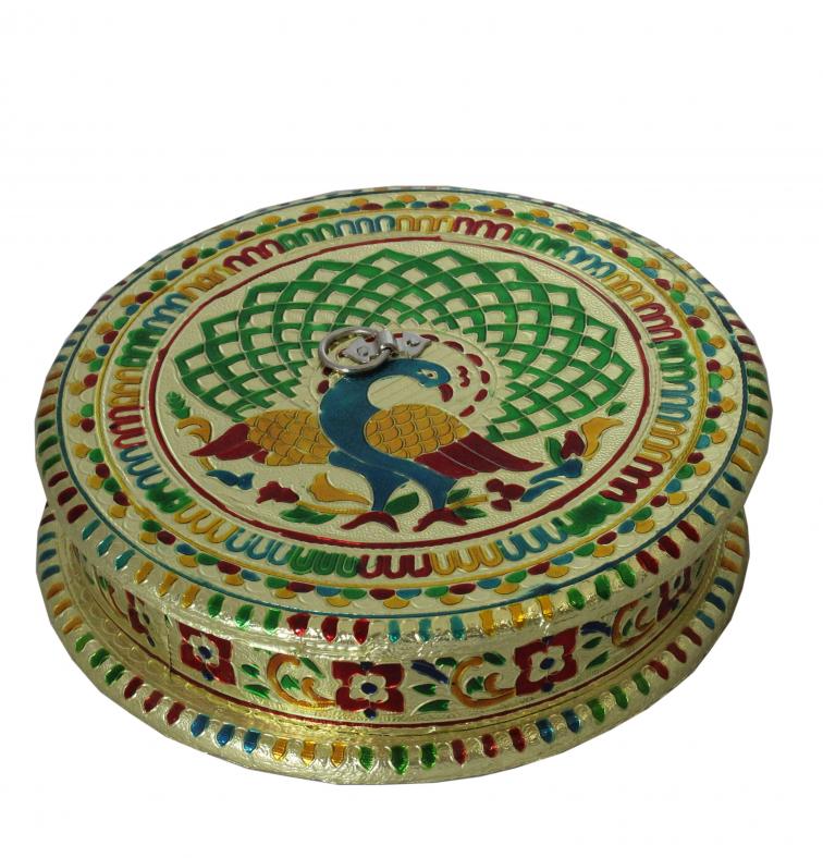 Round Meenakari Design Peacock Pattern Container #26385 | DesiClik.com, USA