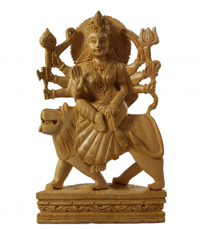 Wooden Carved Mataji Durga Maa Statue - 9" #26618 | DesiClik.com, USA