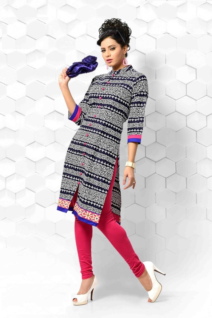 Black & White Rayon Print Long Tunic / Kameez #27406 | DesiClik.com, USA