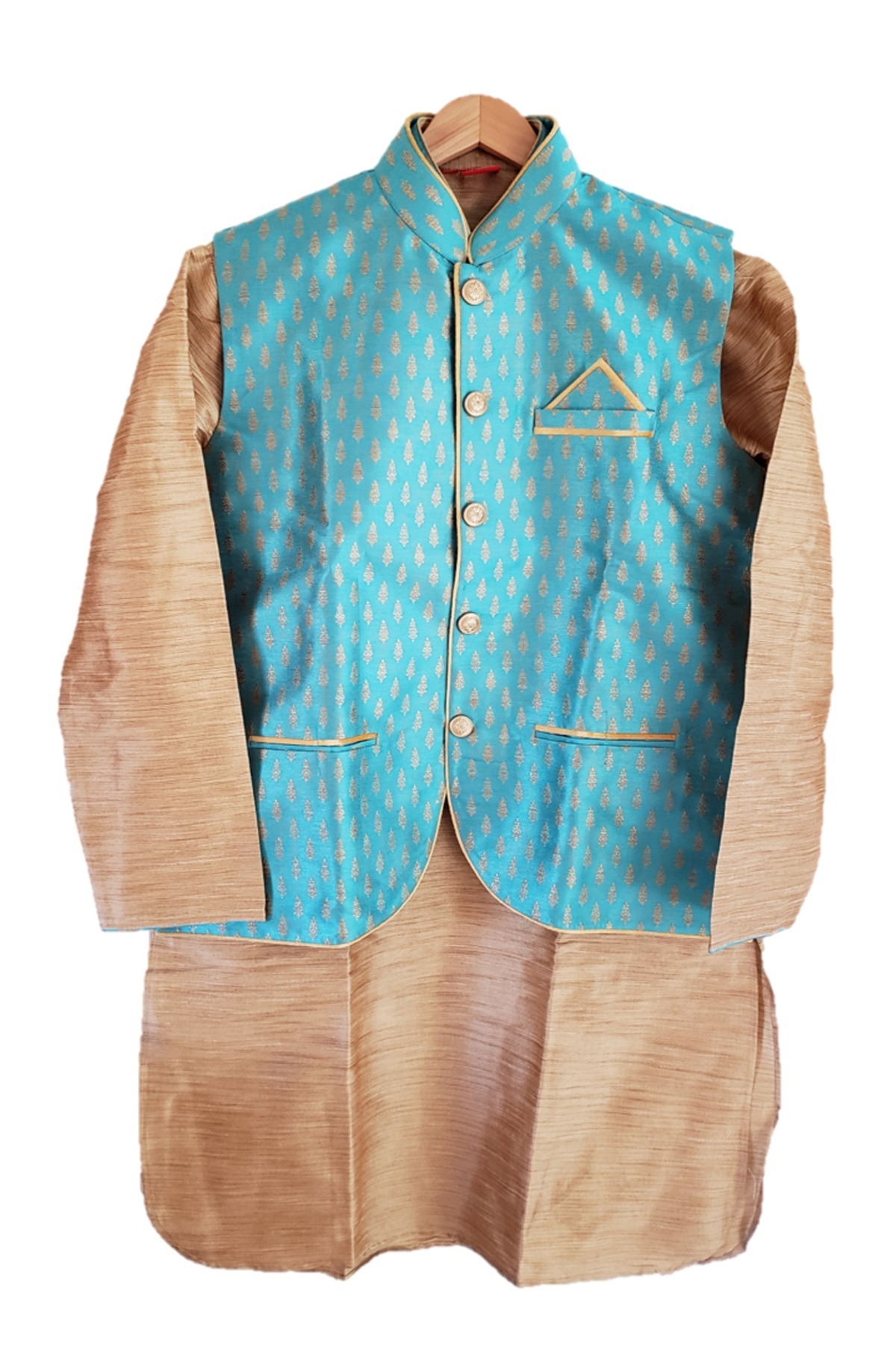 Men's Benarasi Silk Blue Modi Jacket w/ Kurta & Churidar Set #36620 ...