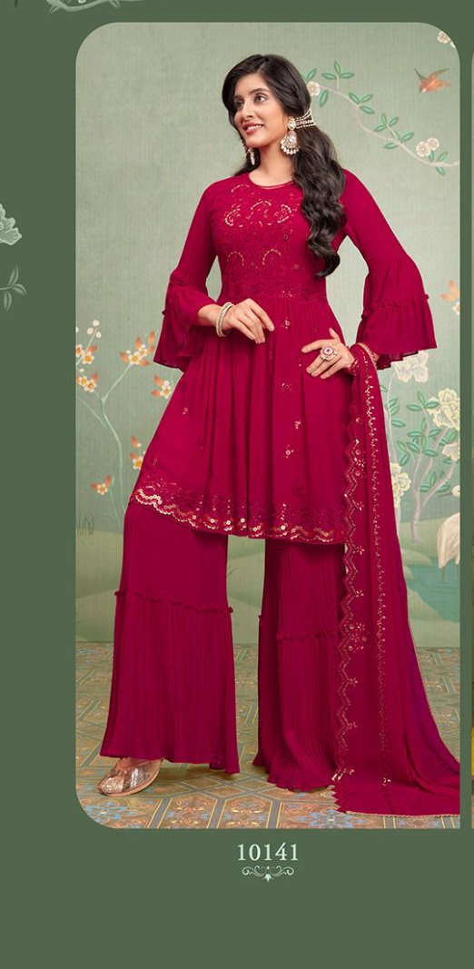 Dark red chiffon baby doll sharara #59071 | DesiClik.com, USA