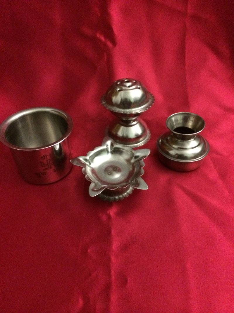 Stainless Steel Pooja Utensils - Diya, Kalash, Lota & Incense Stand Set ...